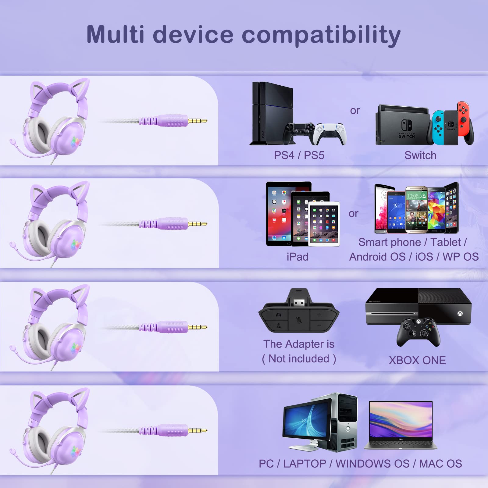 HOLULU Gaming Headset with Removable Cat Ears, Compatible with PC Mobile Phones Tablet, PS5 PS4 Xbox One(Adapter Not Included), with RGB Backlight, Removable Mic, 3.5mm & USB C Plug, Purple