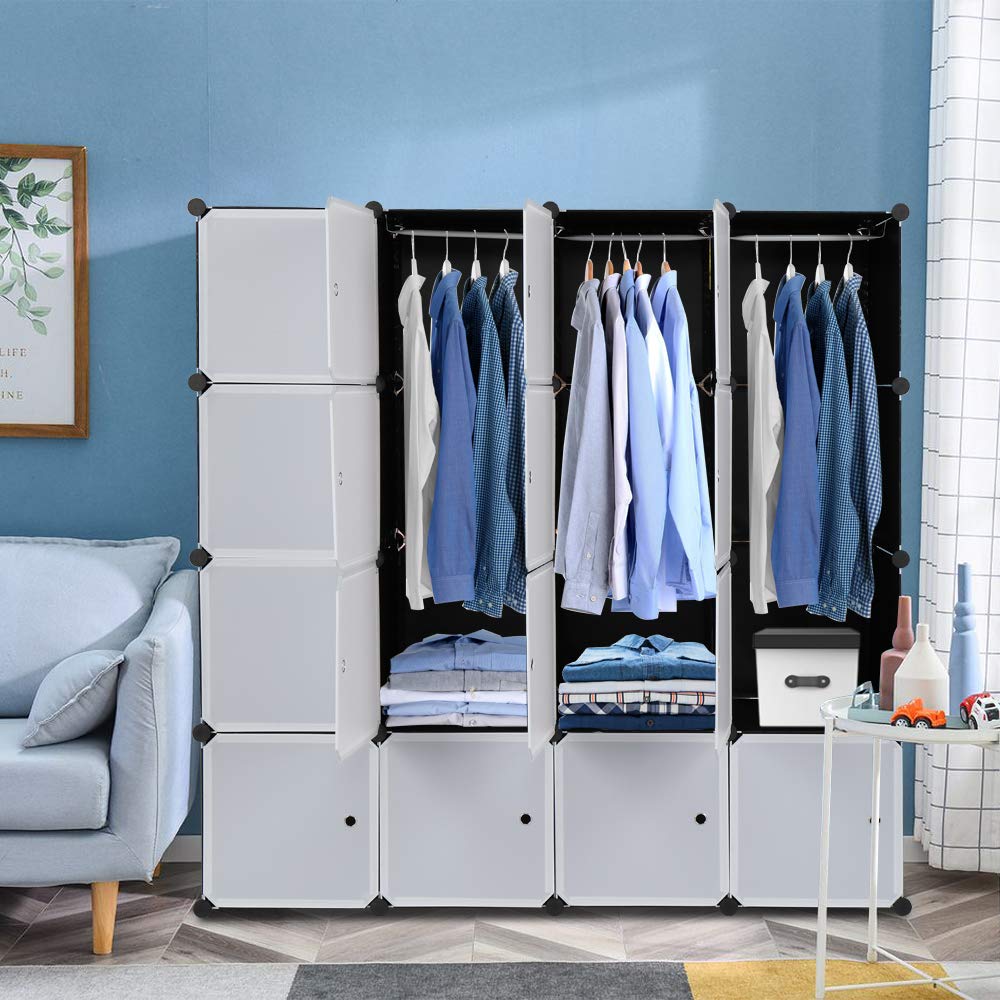 GGH Portable Wardrobe Closets, 16 Cubes,3 coat hangers,Clothes Storage Organizer with Doors,(White Door, Black Cabinet)
