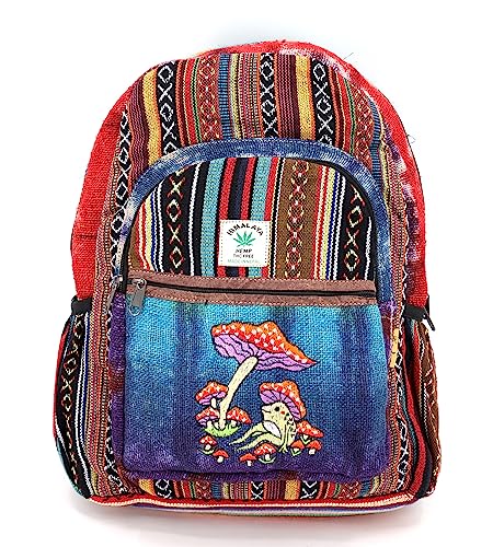 Unique Frog & Mushroom Embroidered Himalaya Hemp Hippie Backpack Festival Backpack FAIR TRADE Handmade with Love. (LARGE)