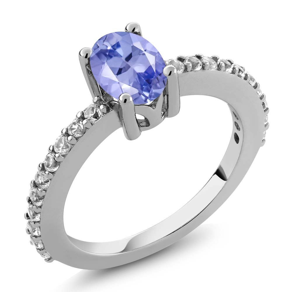 Gem Stone King 1.05 Ct 7x5mm Oval Tanzanite White Created Sapphire 925 Silver Ring (Size 5)