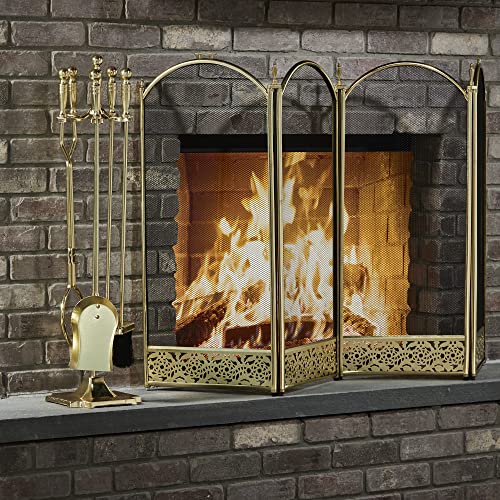 UniFlame Polished Brass Finish 5-Piece Fireplace Tools Set with Heavy Weight Steel Construction