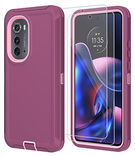 Qinmay for Motorola Moto Edge 2022 Case with HD Screen Protector (2 Packs),Motorola Edge 2022 Case 3 in 1 Heavy Duty Phone Case for Motorola Moto Edge 2022 Phone (WineRed Pink)