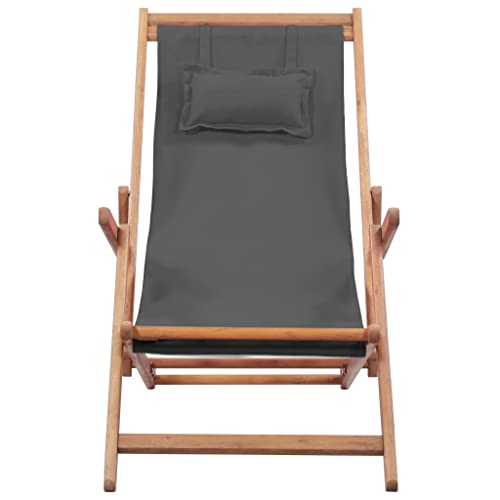 vidaXL Beach Sling Patio Chair, Outdoor Folding Deck Chair with Solid Wooden Frame, Patio Lounge Chair for Balcony, Fabric and Wooden Frame Gray