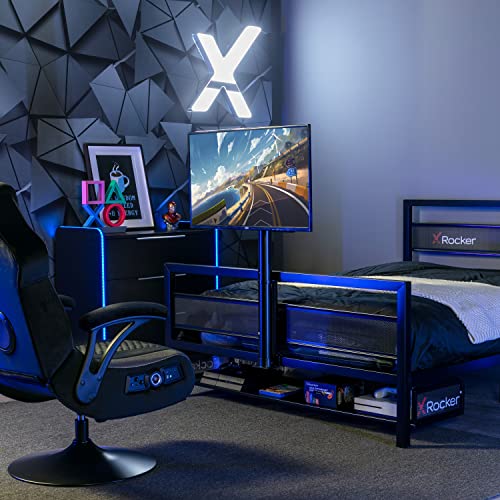 X Rocker Basecamp Gaming Bed Frame, with Rotating TV Mount, Storage, Metal Mesh Frame, 2111101, 80.63" x 37.68" x 42.8", Twin Size, Black