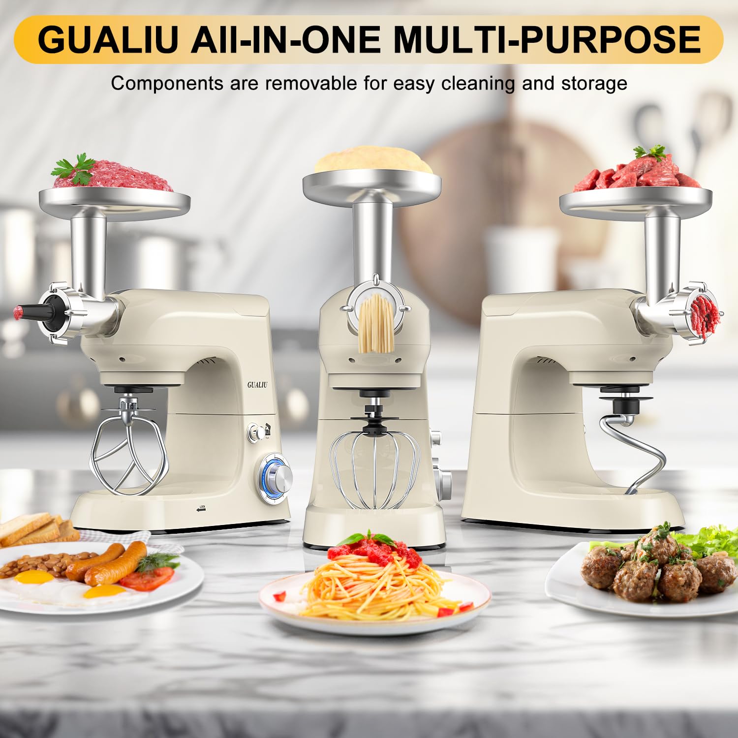 GUALIU 7-IN-1 Stand Mixer, 6+P Speeds Kitchen Electric Mixer, 5.3QT Stainless Steel Bowl Mixer With Dough Hook, Whisk, Beater, Meat Grinder, Blender, Multifunctional Household Kitchen Mixer