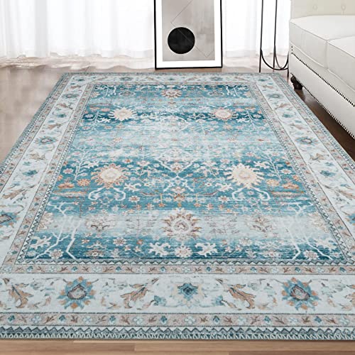 RUGSREAL Area Rug 5x7 Vintage Rug Floral Distressed Carpet Machine Washable Rug for Living Room Non-Slip Indoor Floor Cover Foldable Thin Rug for Bedroom, 5' x 7', Blue