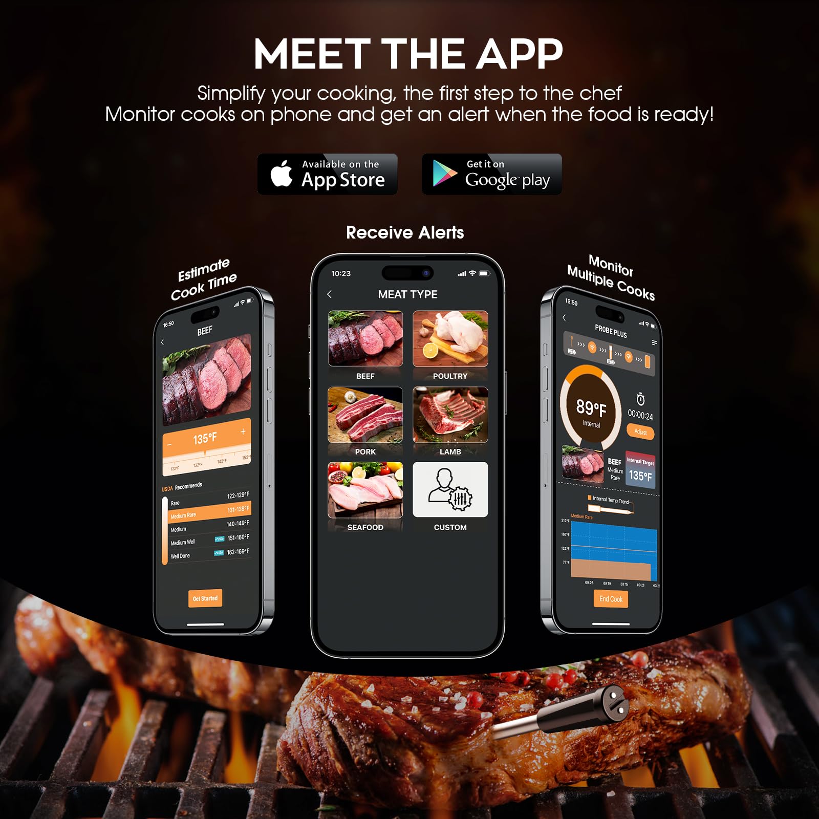 Meat Thermometer Digital, Wireless Meat Thermometer, with Bluetooth 360 ft Smart Meat Thermometer for Oven Safe,for BBQ, Grill, Kitchen, Smoker, Sous Vide, iOS & Android App Compatible