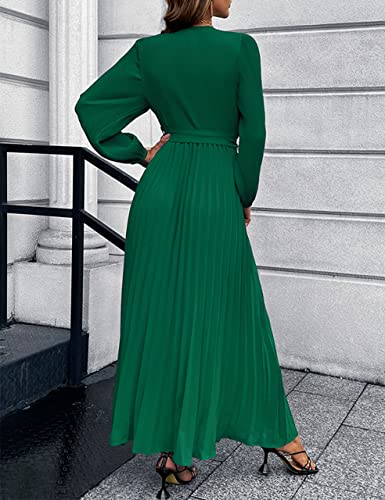 Women's Elegant Wrap V Neck Lantern Sleeve Belted Pleated Flowy Maxi Long Dress Wedding Guest Dress