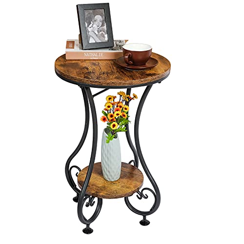 X-cosrack End Table, Round Side Table for Small Spaces, Coffee Tea Table Nightstand Home Decor for Living Room Balcony Bedroom Office,Rustic Brown & Black,15.75" L x 15.75" W x 24.0" H