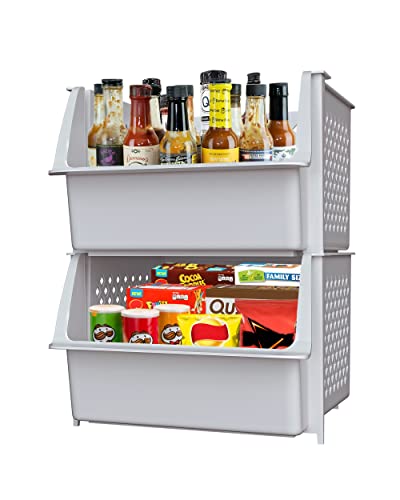 Skywin Plastic Stackable Storage Bins for Pantry - Stackable Bins For Organizing Food, Kitchen, and Bathroom Essentials (Light Grey, 2-Pack)