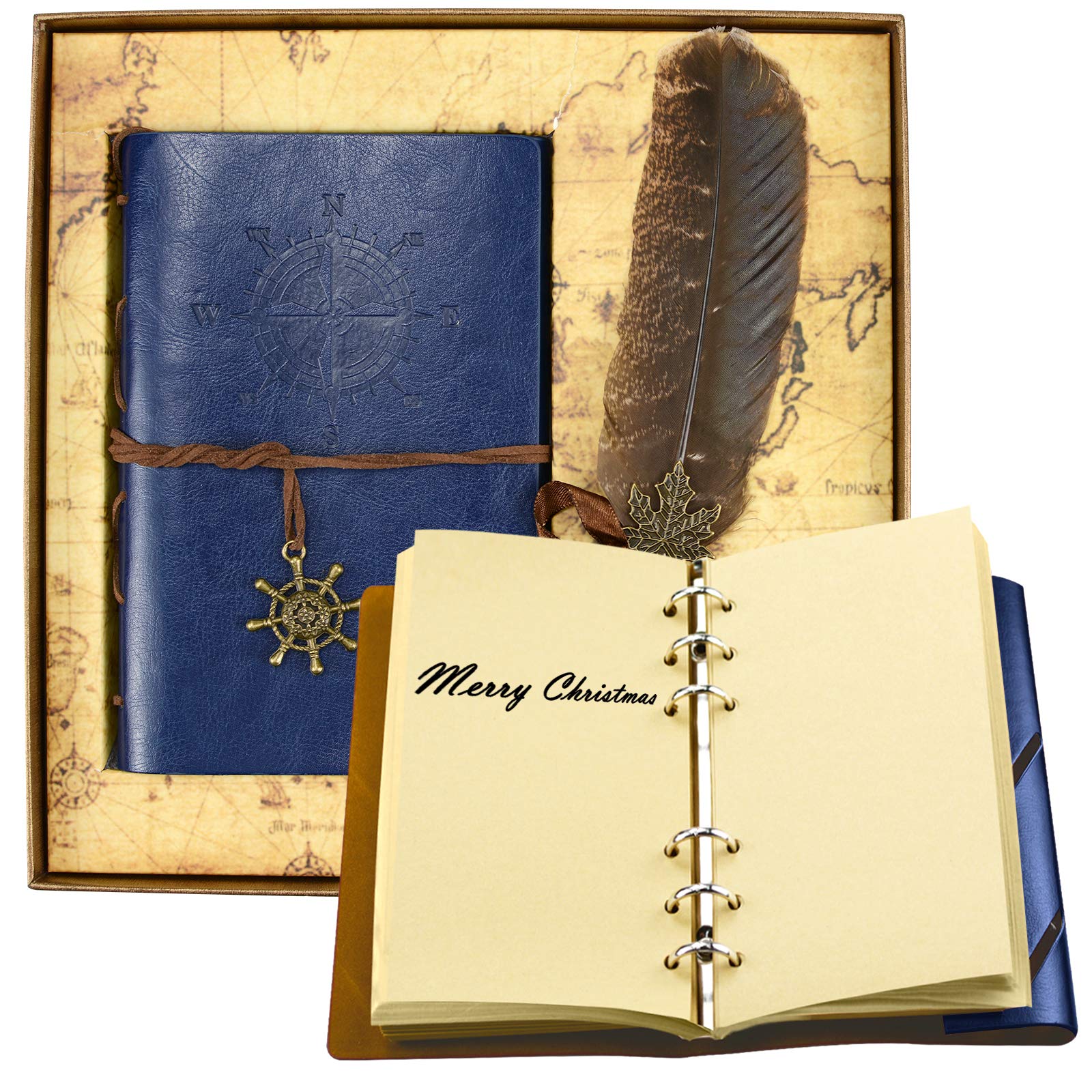 GloDeals Quill Pen Feather Pen Set, Calligraphy Pen Antique Writing Dip Pen Ink and Quill Set with the Ink in Bottle Leather Journal Notebook