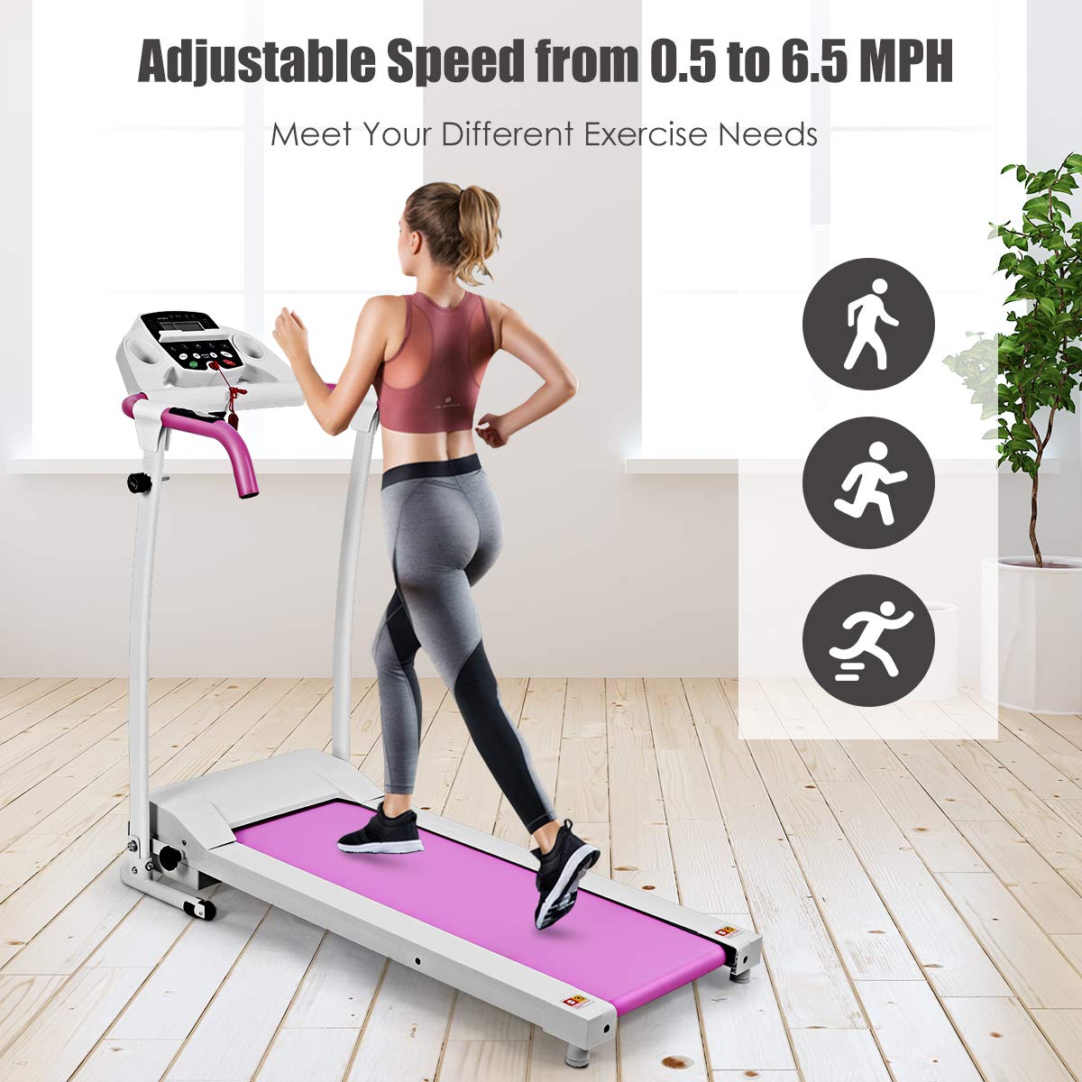 Goplus 800W Folding Treadmill Electric Motorized Power Fitness Running Machine with LED Display and Mobile Phone Holder Perfect for Home Use (Pink)