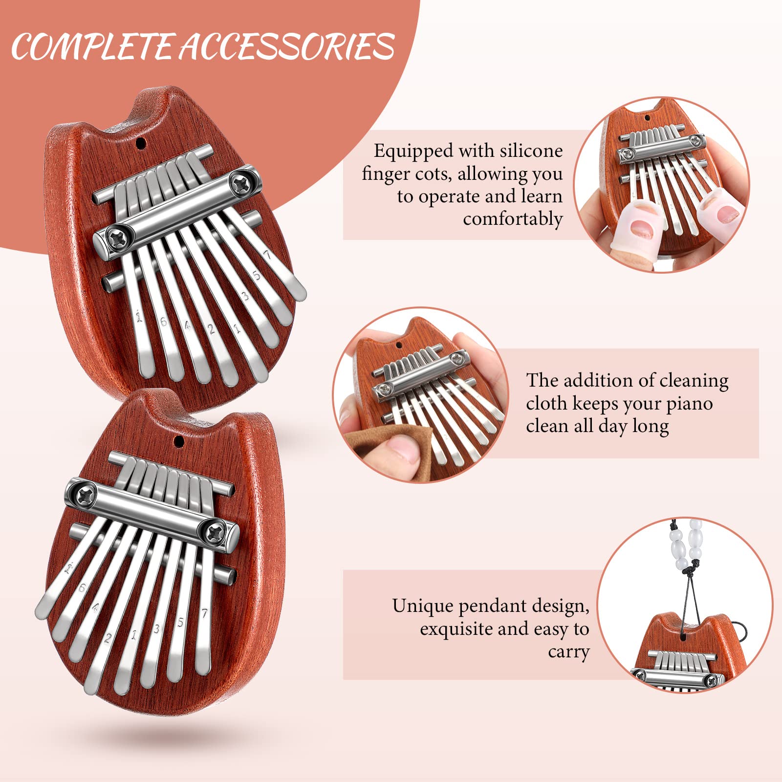 Konohan 24 Pcs 8 Keys Mini Kalimba Piano Set, Include 4 Mini Exquisite Finger Thumb Piano 4 Lanyard 4 Chains 8 Finger Protector 4 Cleaning Cloth for Kids Adults Beginners Gift (Cartoon Style)