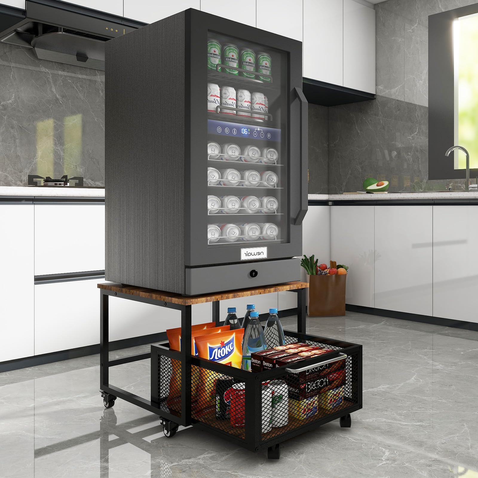 PUNCIA 19.7x23.6in Mini Fridge Stand with Large Capacity Storage Beverage Refrigerator Table with Lockable Wheel Mobile Compact Fridge Cart Heavy Duty Appliance Platform for Dorm, Apartment,Office