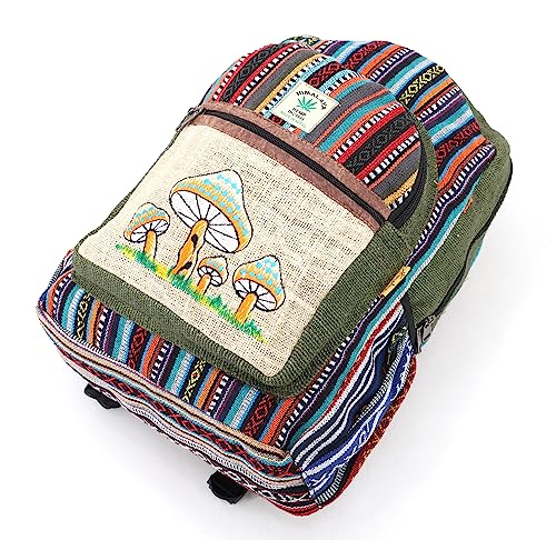 Unique Mushroom Embroidered Tie Dye Himalaya Hemp Large Hippie Backpack Festival Backpack FAIR TRADE Handmade with Love. (GREEN)