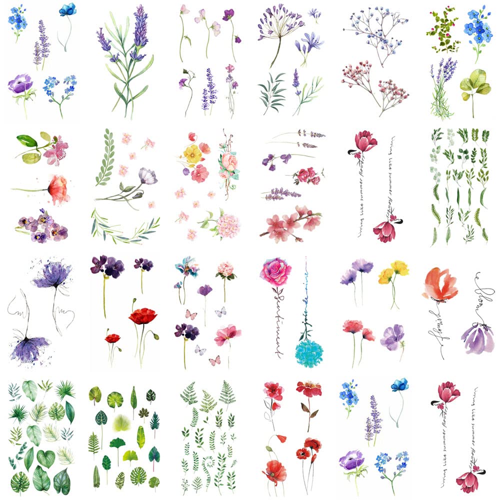 WYUEN 24 Sheets Flower Temporary Tattoo Sticker Women Children Fake Tattoos Body Art Waterproof Face Stickers (W24-04)