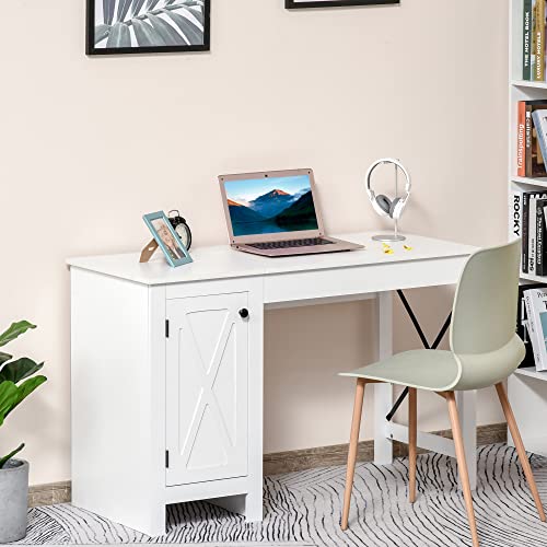 HOMCOM Home Office Computer Desk with Lower Storage Cabinet and X Bar Metal Frame, White