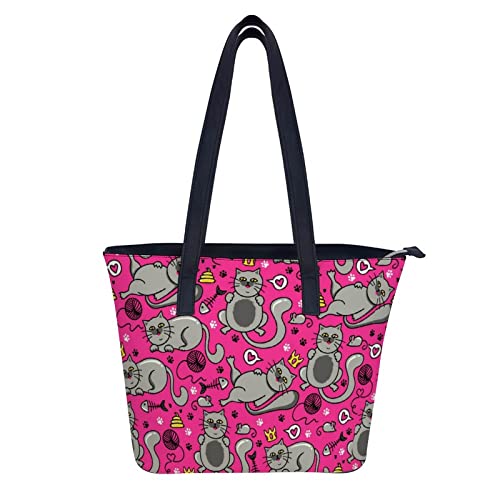 Funny British Cat Women's Tote Bag PU Leather Shoulder Bag Handbags Purse For Work Shopping Travel