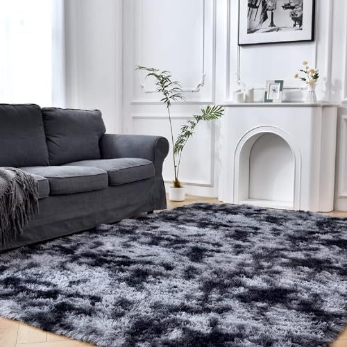 Temedara 5x7 Area Rugs for Bedroom,Shag Fuzzy Soft Carpet,Dark Gray Plush Shaggy Bedside Rug,Indoor Non-Slip Shag Living Room Rug for Kids Boys College Dorm Home Decor Tie-Dyed Dark Grey