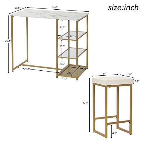 SIYAHOME Table & Chair 3-Piece Modern, Artificial Dining Table Set with Faux Marble Countertop and Bar Stools and 2 Eextra Thick Cushions for Cafe, Pub, Club, White + Gold