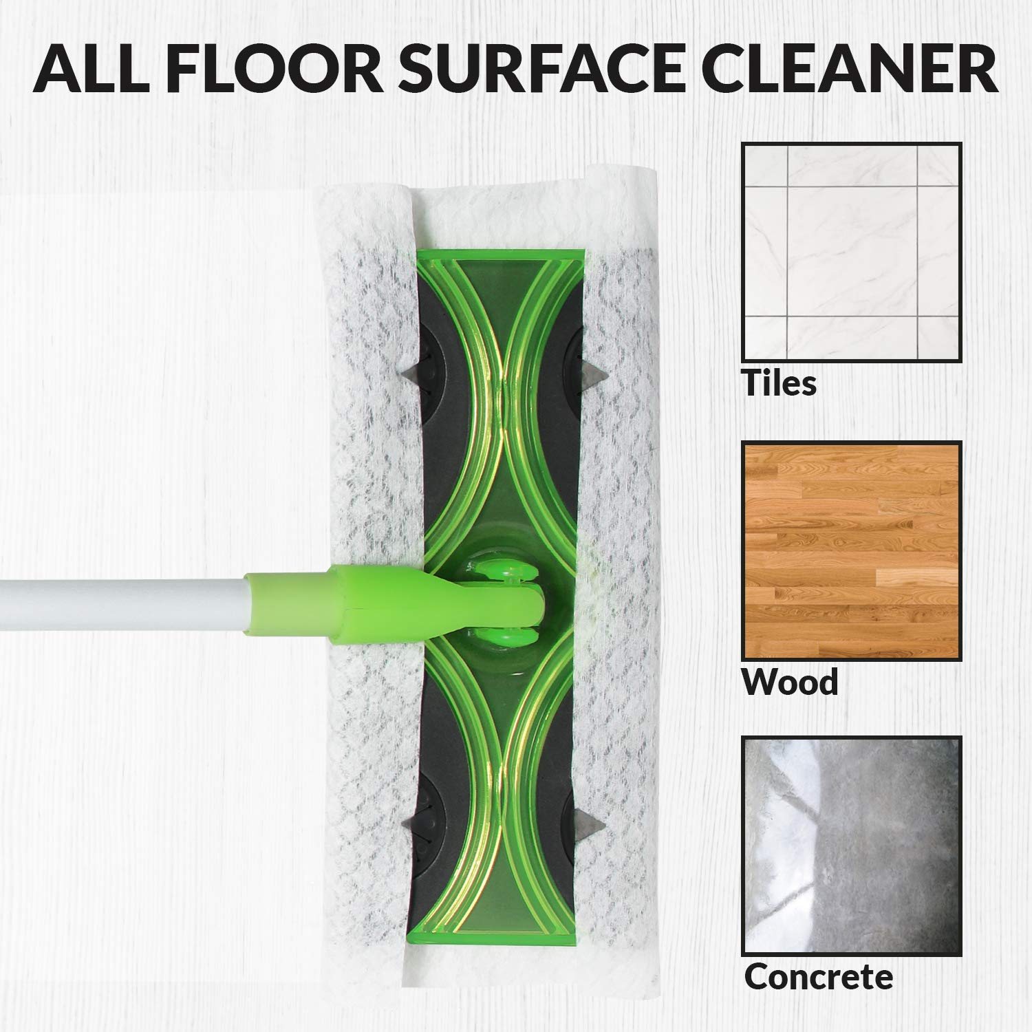 Guay Clean Flat Floor Mop Sweeper Cleaning Kit for Pads and Cloth with Telescopic Pole - Includes 10 Wet and 20 Dry Mop Pad Refills Disposable - Green