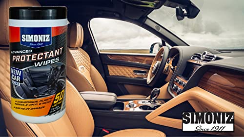 Simoniz New Car Scent Advanced UV Protectant Wipes Wipes – Interior Protectant or Most Surfaces - Plastic, Rubber, Vinyl Dashboards, Seats, Doors & Tires -Great for Cars, Trucks, SUVs, Boats 50 Count