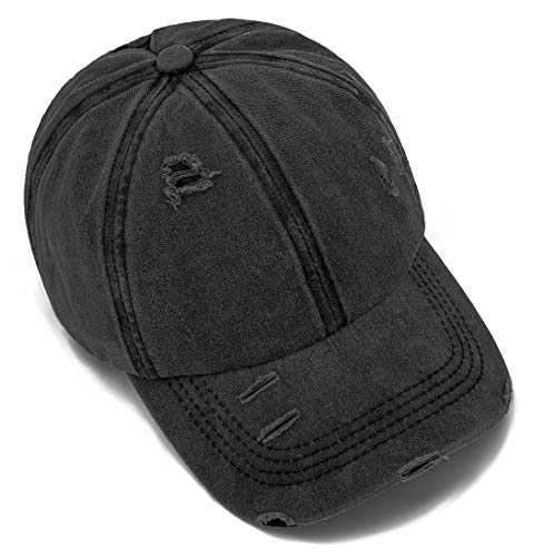 Henwarry Women's Washed Distressed Cotton Denim High Ponytail Hat Adjustable Baseball Cap (C01-Bar Black)
