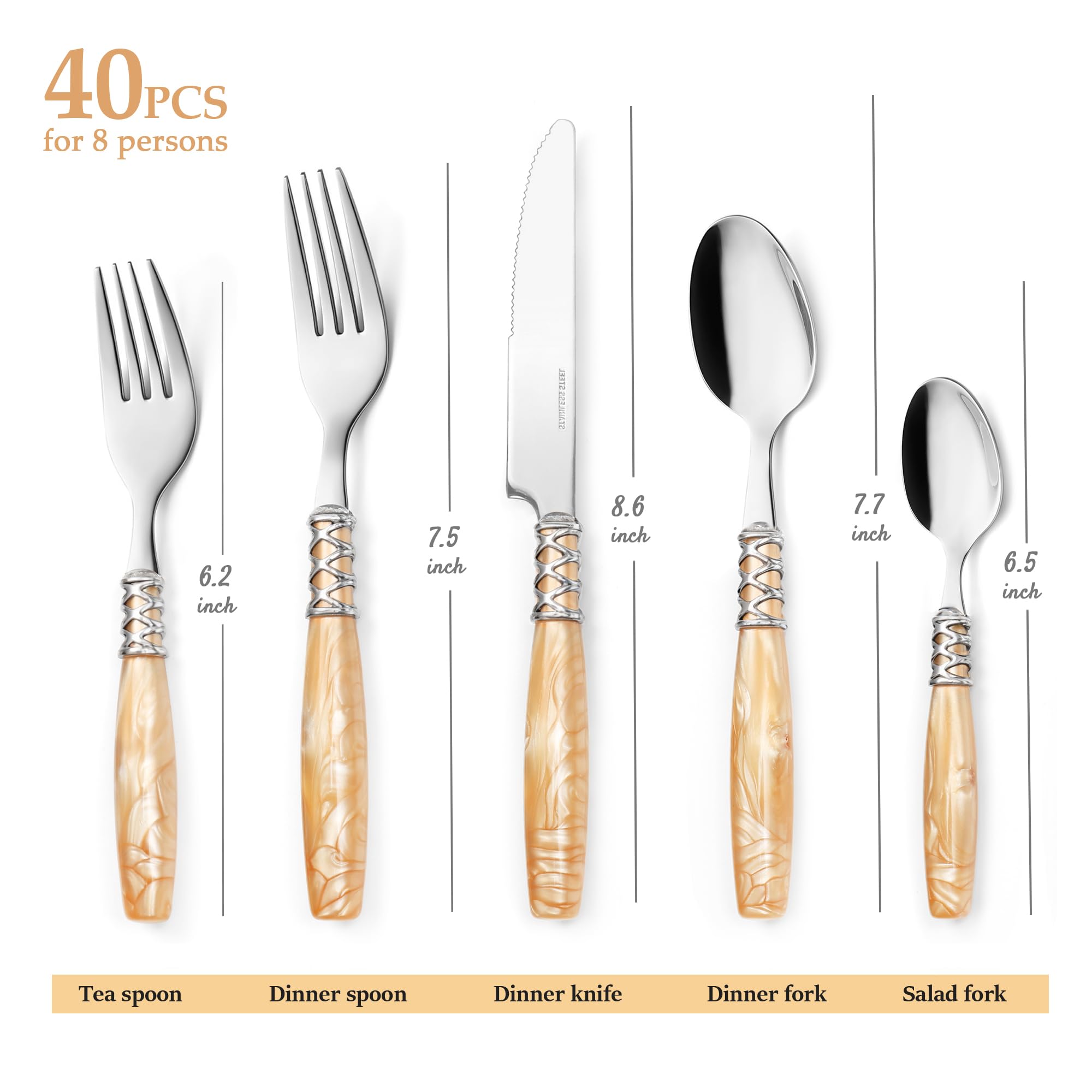 PUREAIN Laurel Silverware Set, 40 Pieces Flatware Set for 8, Vintage Cutlery Set with Champagne Acrylic Handle Including Fork Spoon and Knife, Dishwasher Safe