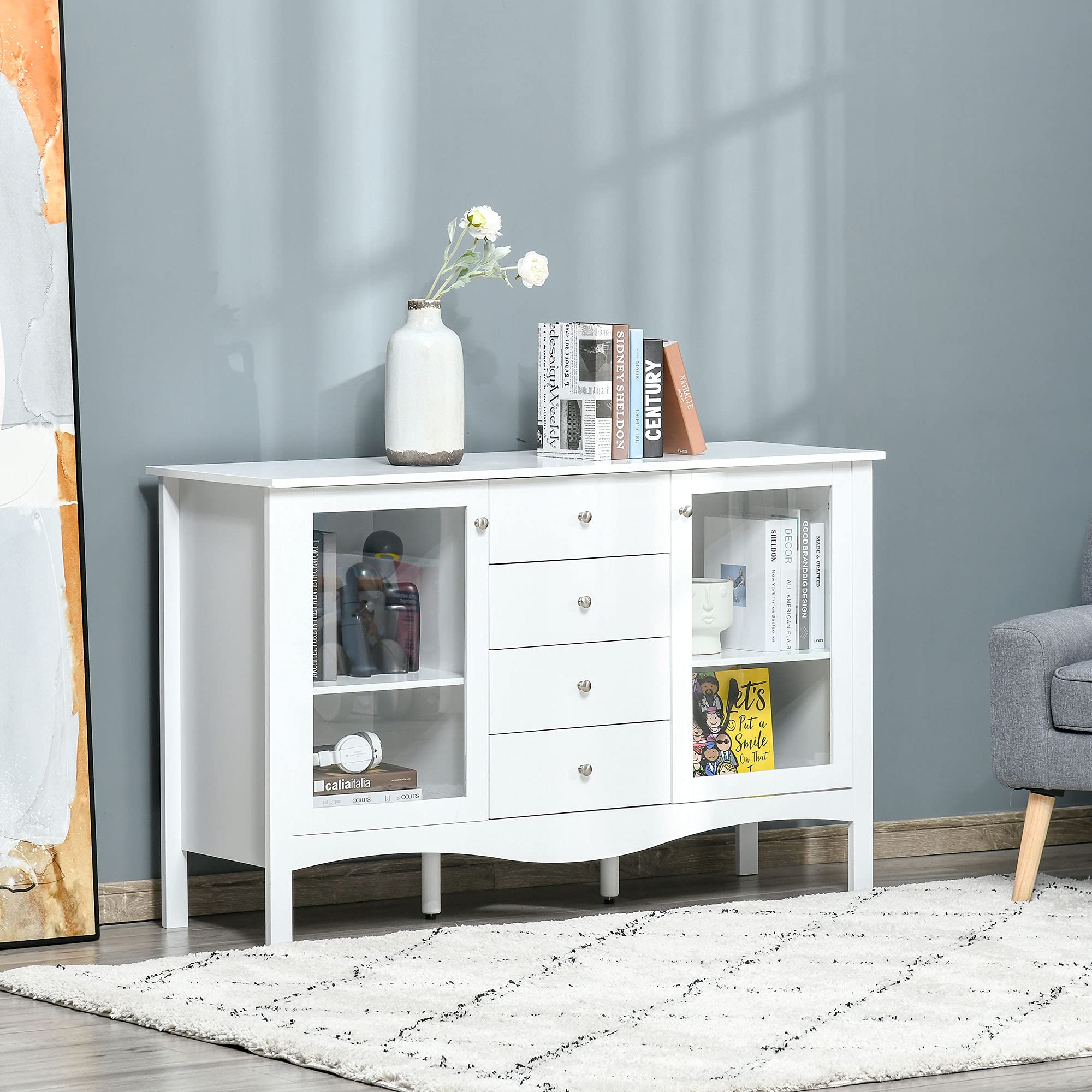 HOMCOM Sideboard Buffet Cabinet, Kitchen Cabinet, Coffee Bar Cabinet with Glass Doors, Drawers and Adjustable Shelves, White