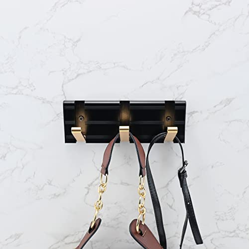Potaosey Black Gold Wall Coat Rack, Modern Wall Mounted Coat Rack with 3 Hook,Folding Wall Hooks Rack for Bathroom, Bedroom, Entryway,Coat,Hat
