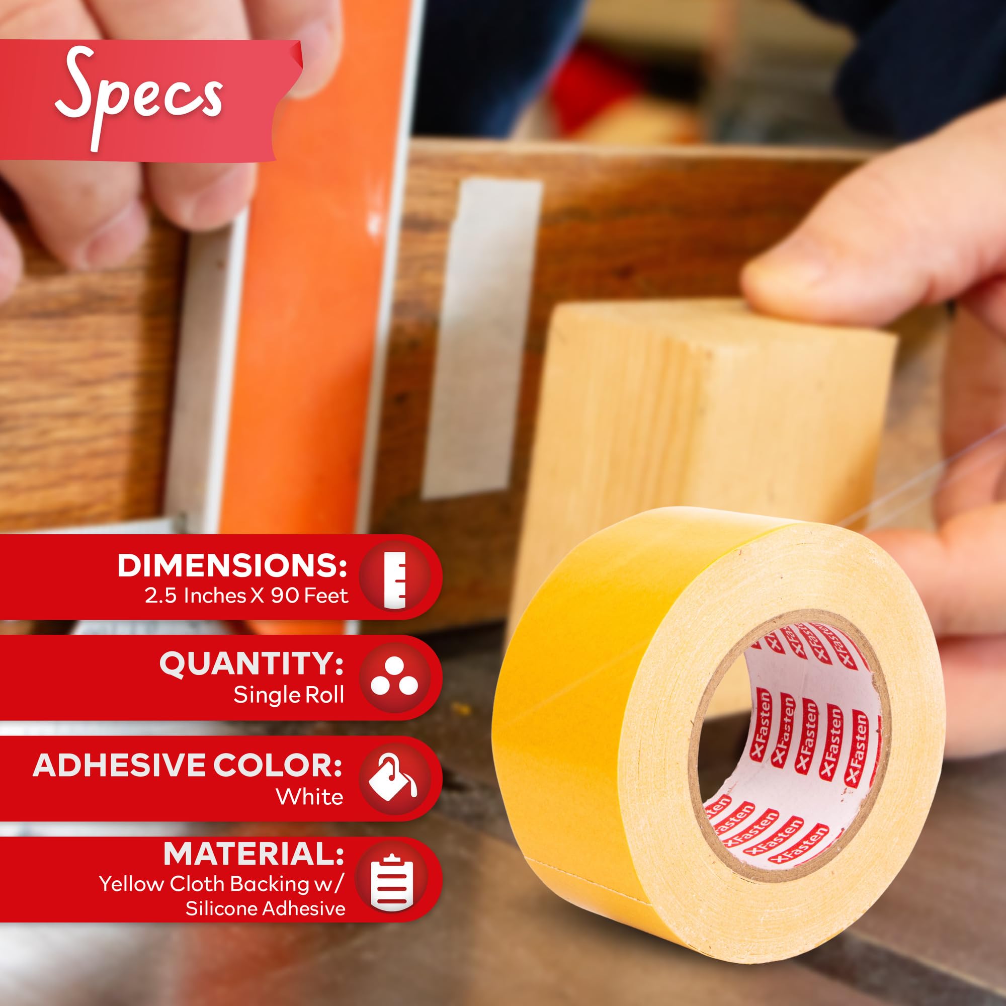 XFasten Double Sided Woodworking Tape w/Yellow Backing 2.5 Inches x 30 Yards