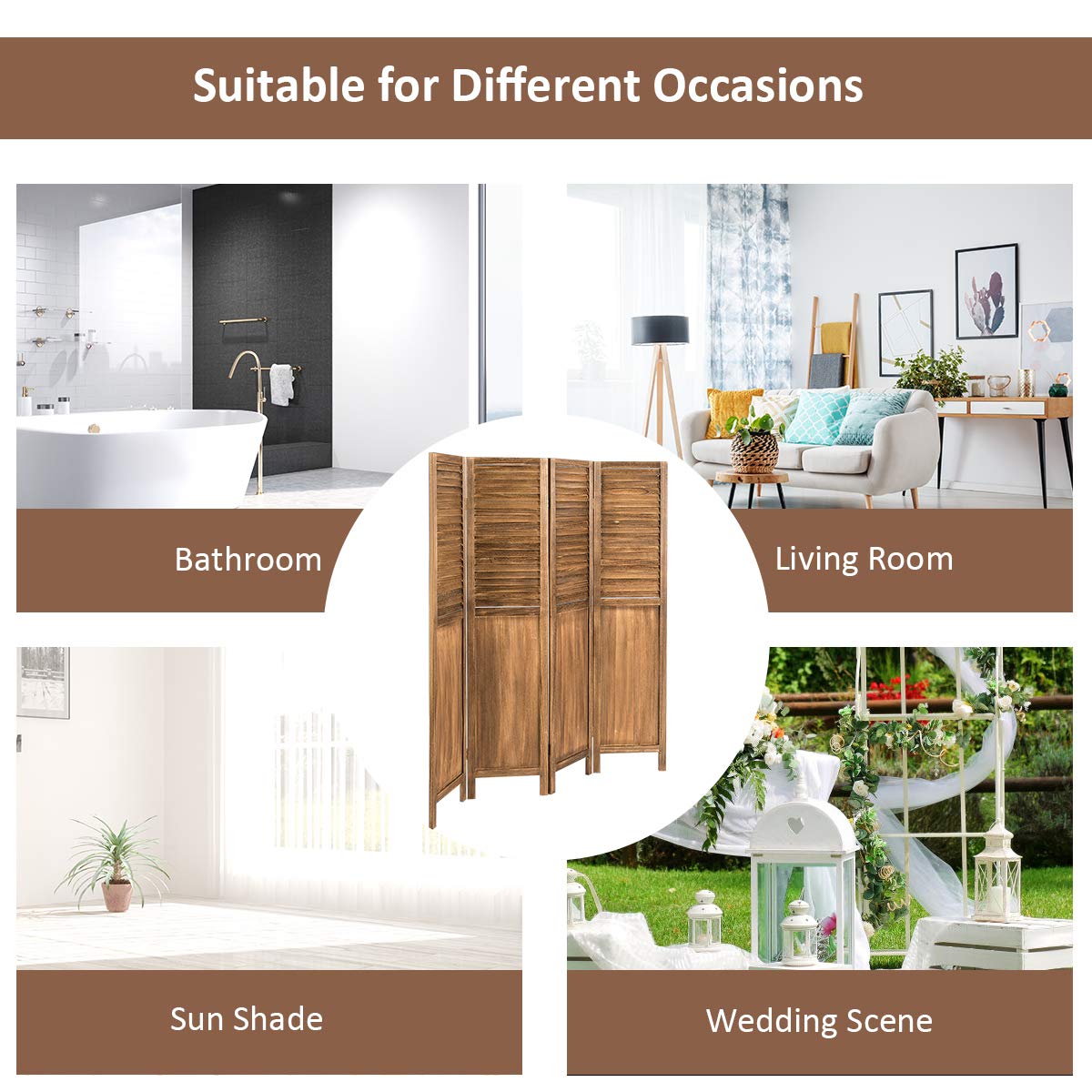Giantex 4 Panel 5.6 ft Wooden Room Divider, Portable Partition Screen, Perfect Zoom Background, Wood Panel Dressing Screen, Indoor Outdoor Folding Privacy Screens for Home Office Barn Garden, White