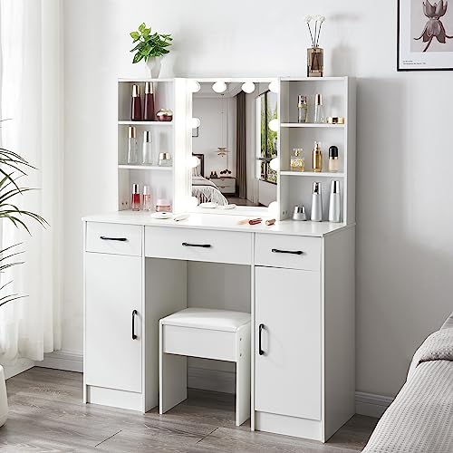 Xinhonglei Large Vanity Set with LED Lights, Vanity Desk with Mirror and Lights, Makeup Vanity Dressing Table with Drawewrs, Cabinet and Cushioned Stool for Bedroom, White
