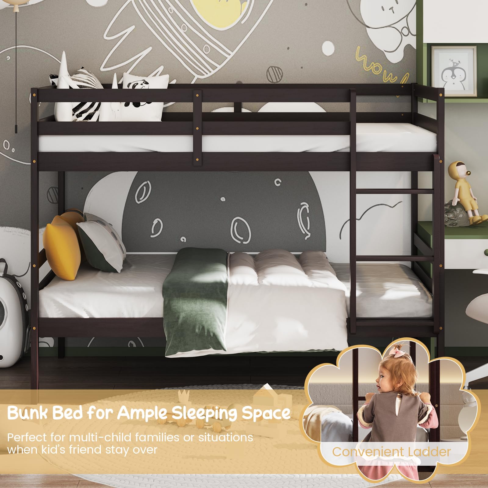 Giantex Bunk Bed Twin Over Twin White, Solid Wood Bunk Bed with Sturdy Ladder & 12 Inch Safety Guard Rails, Twin Size Wood Bed Frame for Dormitory, No Box Spring Needed, Bunk Beds for Kids Teens
