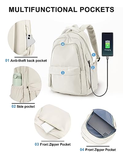Small Backpack For School Girls Boys Aesthetic Lightweight Travel Daypack Simple Cute Backpack For Women Men Waterproof College High School Bookbag Fit 14 Inch Laptop With USB charging port,Beige