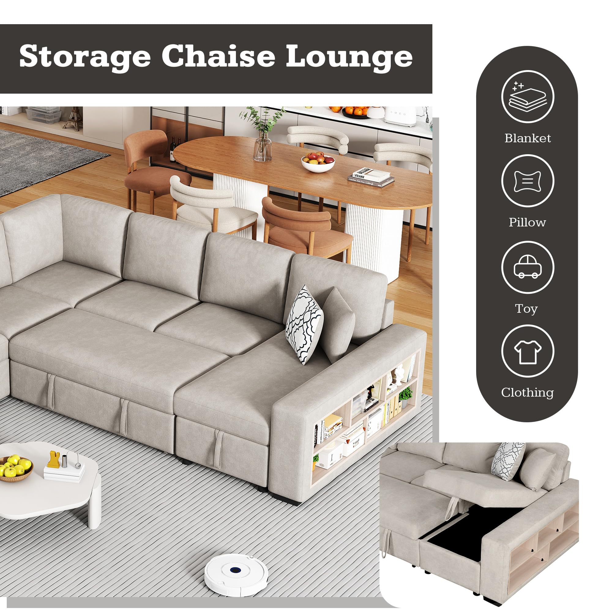 Taiweny U Shaped Oversized Sectional Sofa Couch with Cabinet, 109" 7 Seat Sectional Sleeper Sofa Bed with Storage Chaise & USB, Modular Sectional Sleeper Sofa with Pull Out Bed for Living Room Beige
