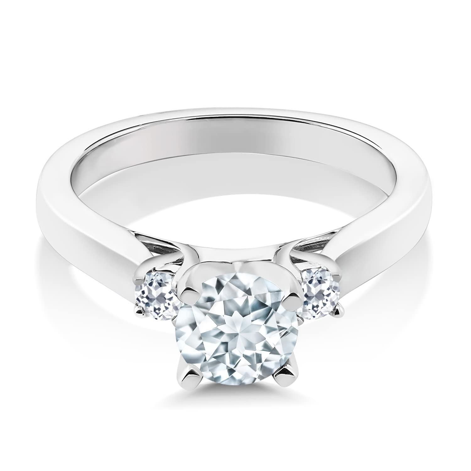 Gem Stone King 925 Sterling Silver Sky Blue Aquamarine and White Topaz 3-Stone Engagement Ring For Women (0.92 Cttw, Round 6MM, Gemstone March Birthstone, Size 7)