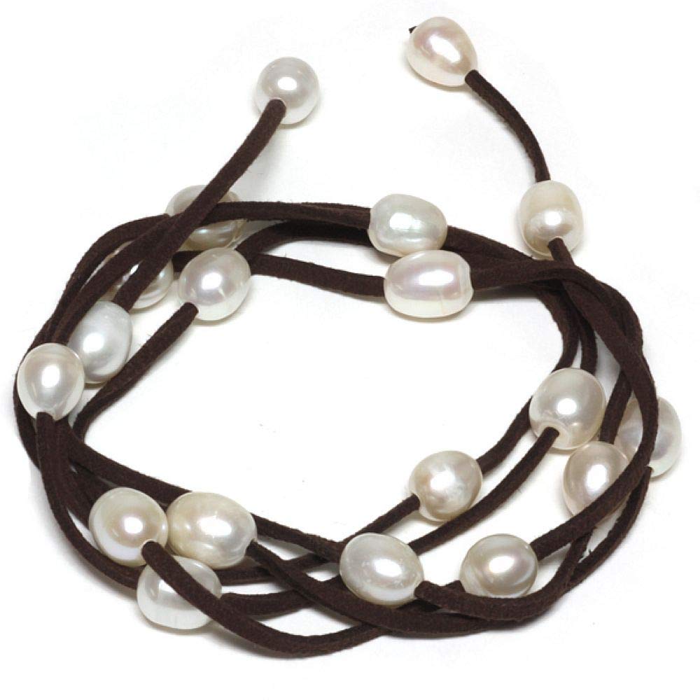 Gem Stone King 48 Inch White Cultured Freshwater Pearl on Brown Leather Wrap Bracelet For Women/Necklace