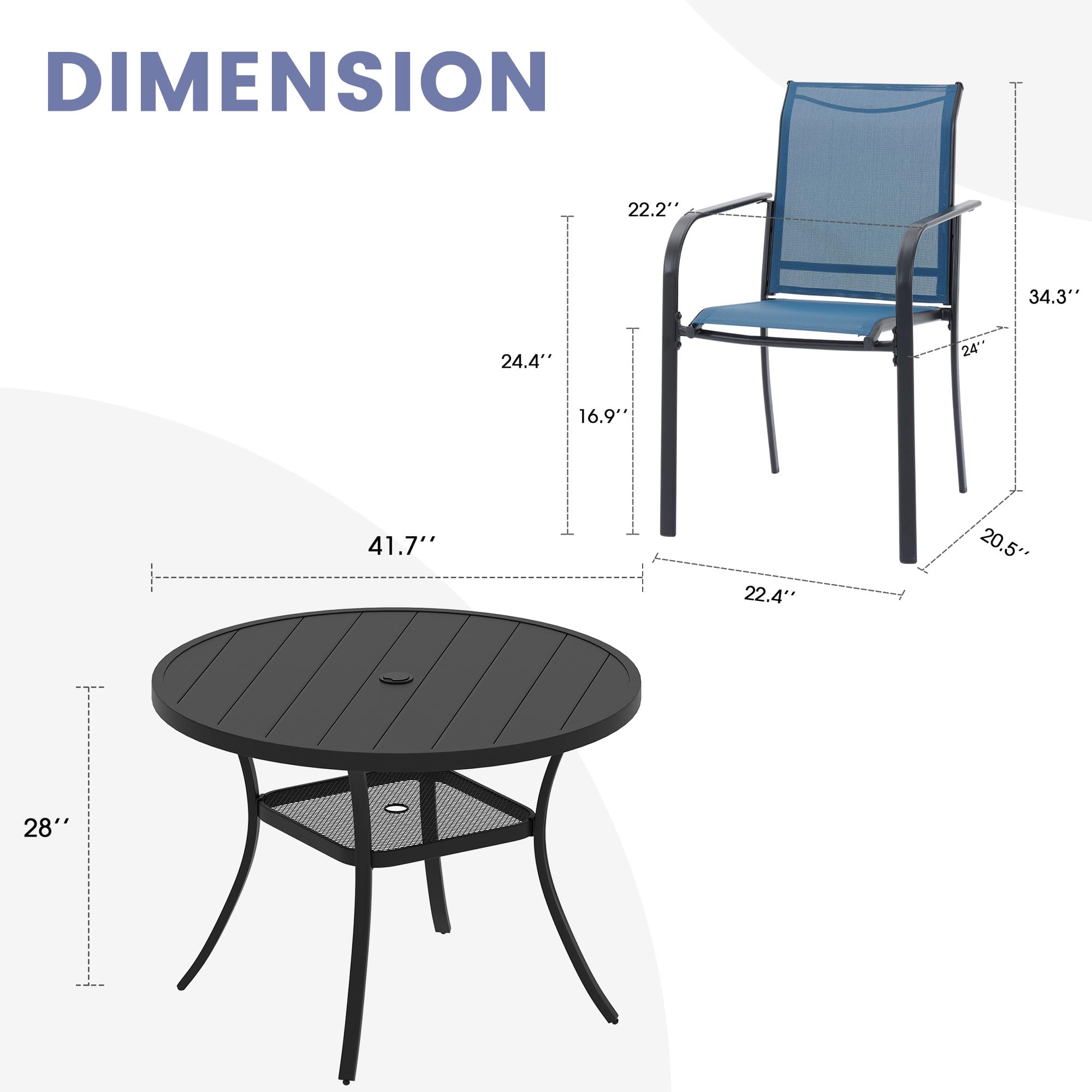 VICLLAX 5 Pieces Patio Round Dining Table and Chairs Set for 4, Outdoor Stackable Dining Chairs and Φ42 Outdoor Dining Table with Adjustable Umbrella Hole for Deck Backyard Garden, Dark Blue & Black
