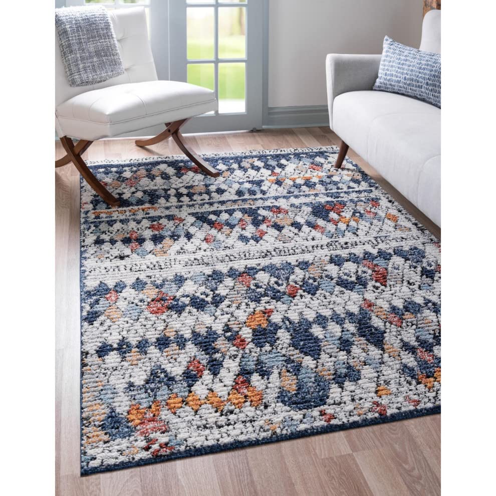 Unique Loom Morocco Collection Abstract Border, Diamond, Bohemian Area Rug (8' 0 x 10' 0 Rectangular, Multi/Blue)
