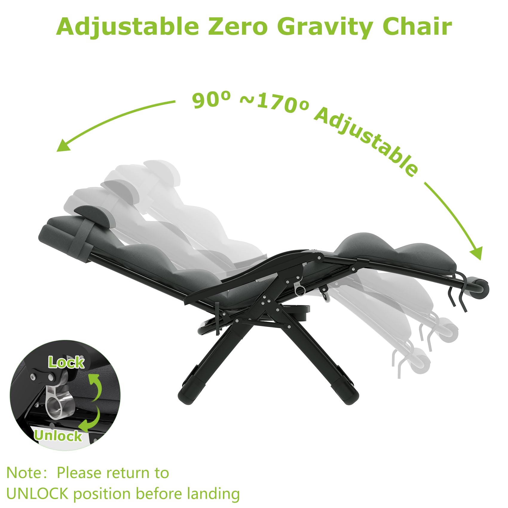 Suteck Oversized Zero Gravity Chair XL Reclining Camping Chair w/Washable Cushion, Outdoor Lounge Chairs Patio Recliner with Large Cup Holder, Footrest, Padded Headrest, Support 500LBS, Grey