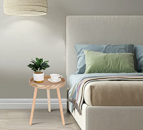 Small Side Table, Rattan Nightstand, Round End Boho Bedside Accent Mid-Century Modern Bed Tables for Living Room Bedroom Office Balcony(Natural Walnut)