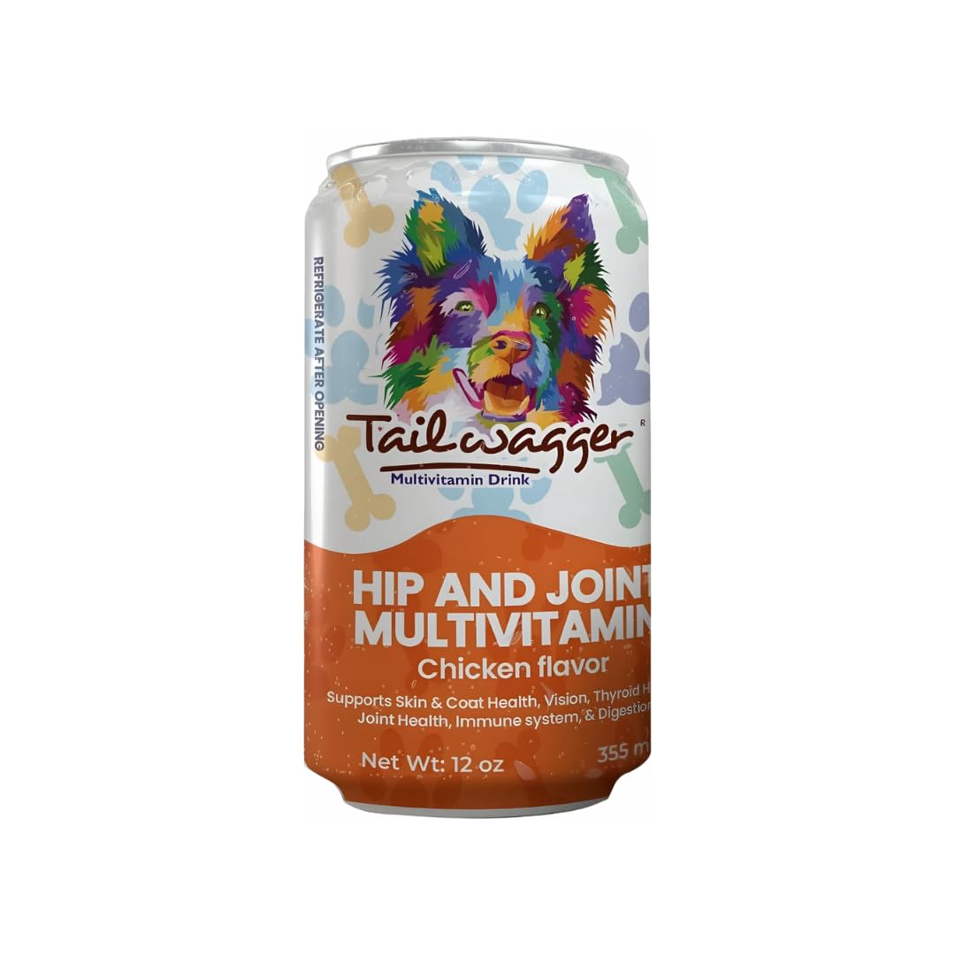 Tailwagger Tailprime Dog Hip and Joint Supplement, Multivitamin Drink for Immune System - Optimal Formulation for Digestive Health with Mushrooms, Vitamin C, E, and D3 - Chicken Flavored, 4 x 12 oz