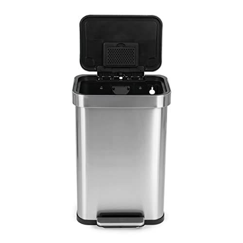 SIMPLI-MAGIC 50 Liter Soft-Close, Smudge Resistant Trash Can with Foot Pedal and Built in Filter-Stainless Steel, Sleek Finish, 50L/13.2 Gallon