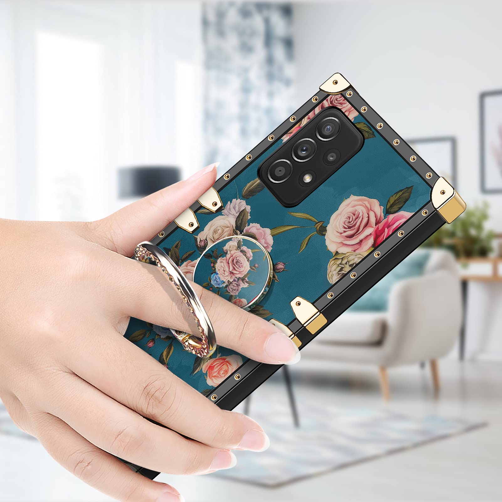 HoneyAKE for Samsung Galaxy A52 5G Case with Ring Stand Holder Floral Elegant Soft TPU Reinforced Corner Shock-Absorbing Protective Cover Square Case Compatible with Samsung Galaxy A52 6.5 inch Peony