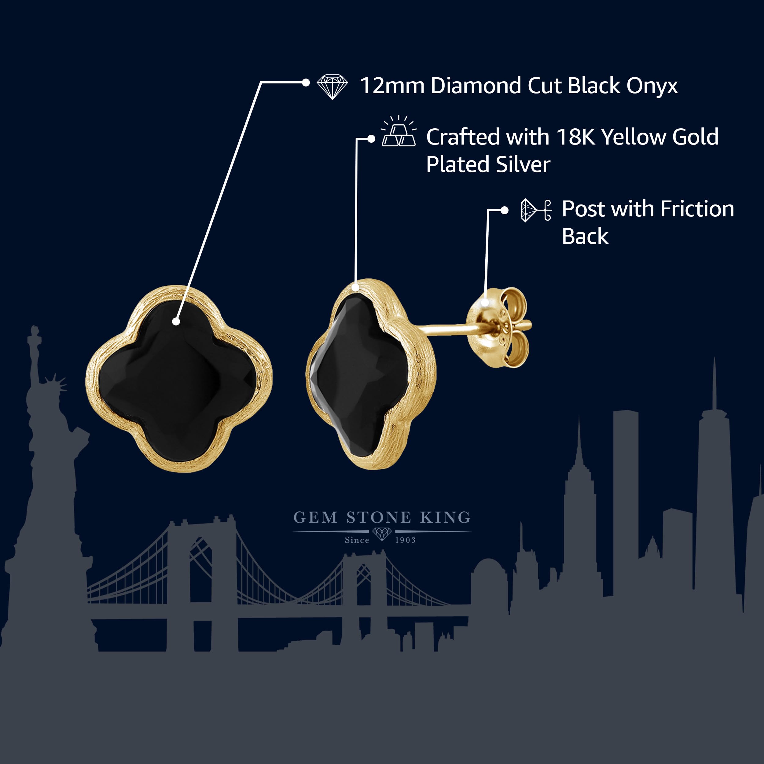 Gem Stone King 18K Yellow Gold Plated Silver Flower Shape Clover Designs Black Onyx Diamond Cut Stud Earrings For Women