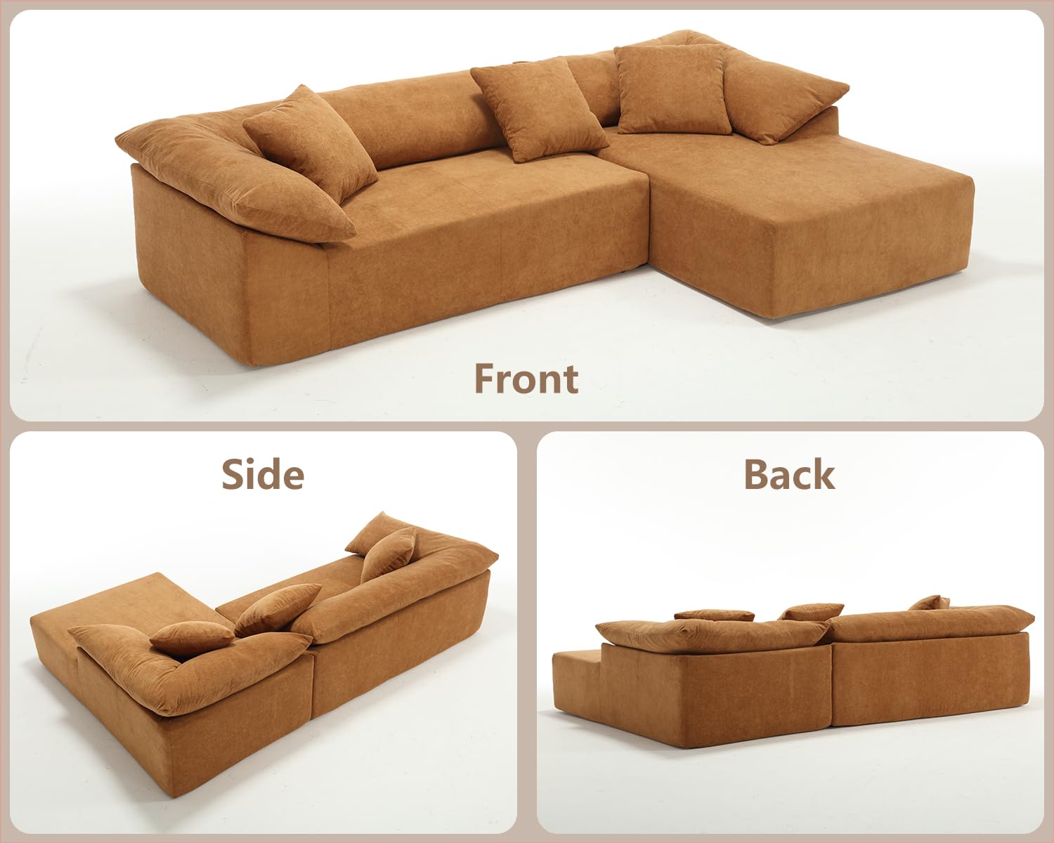 Taiweny Cashmere L Shaped Sofa Modern Floor Combination Sofa, 129.92" L-Shape Modern Upholstered Couch with Chaise Lounge, 3 Pillows, Modular Sectional Sofa with Cloud Deep Seat for Living Room Brown