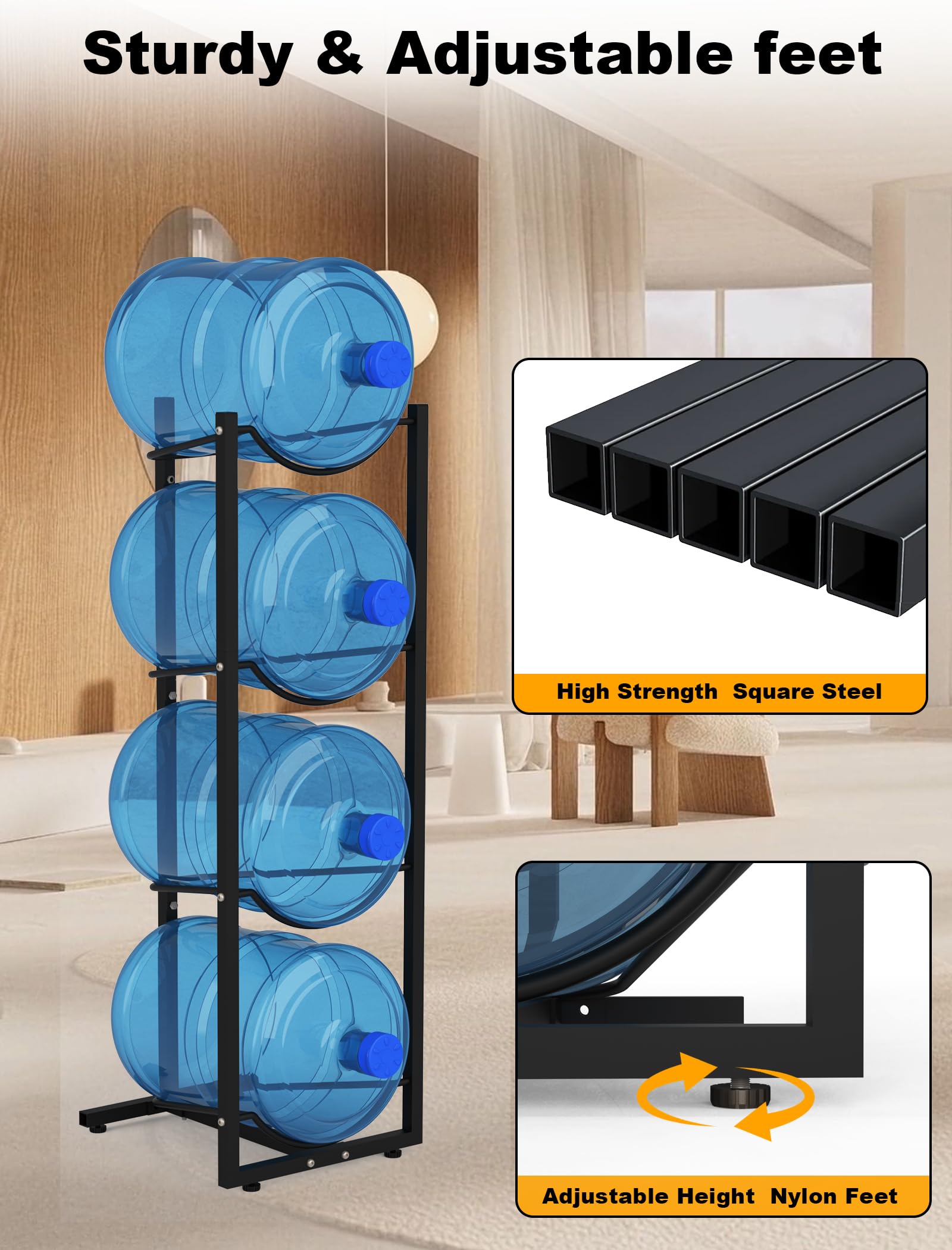 MYLOLF 3&5 Gallon Water Jug Holder: 3 4 5 6 Tier Storage 5 Gallon Coller Water Bottle Rack - 5 Gal Stackage Container Organizer Stand for Home Kitchen Garage（4 Tier）