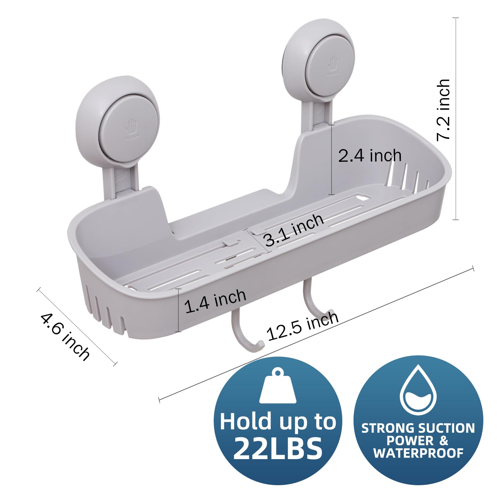 TAILINK Shower Caddy Suction Cup With 4 Hooks, Shower Basket Wall Mounted Bathroom Organizer for Shampoo, Body Wash, Conditioner, Plastic Shower Shelf for Kitchen, No Drilling & Removable, Grey