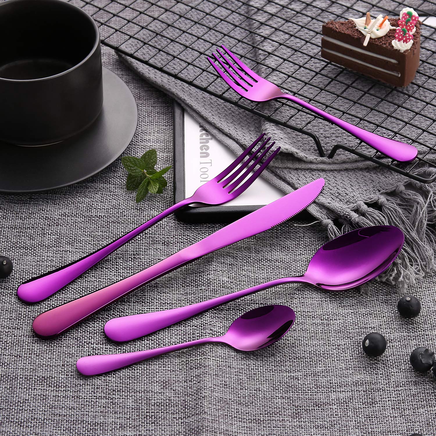 Silverware Set, 20-Piece Purple Flatware Cutlery Set Service for 4,Stainless Steel Kitchen Utensil Set Tableware Knife Spoon Fork Set for Home&Restaurant. Dishwasher Safe (Purple- 20 Pieces Set)